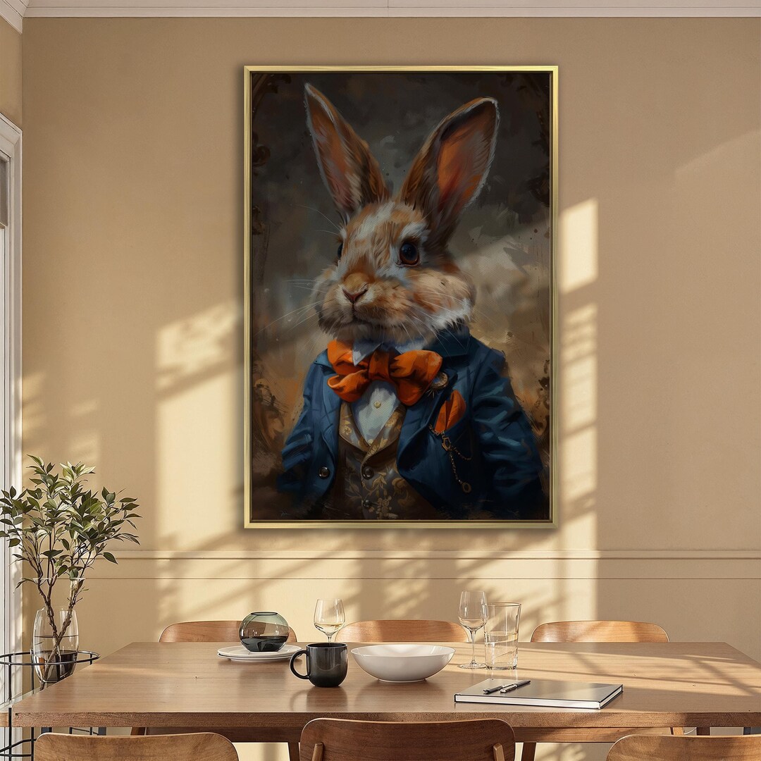 Dapper Rabbit in Bowtie Painting Print Elegant Bunny Canvas Wall Art ...