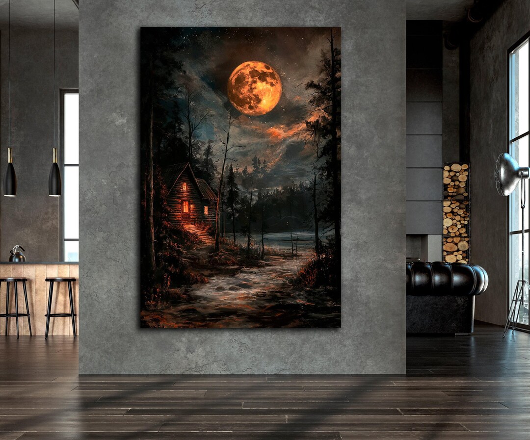 Serene Moonlit Cabin Painting Print Farmhouse Starry Skies Canvas Wall ...