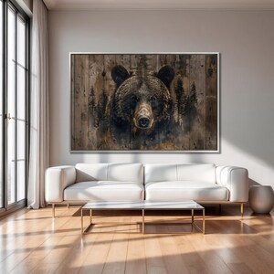 Rustic Brown Bear Canvas Wall Art Abstract Pine Trees Wooden Background ...