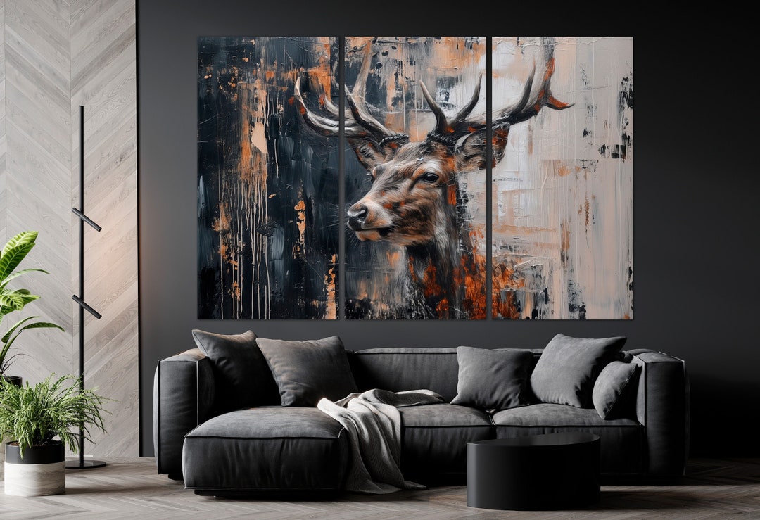 Abstract Stag Painting Print Black and Beige Canvas Wall Art Adorable ...