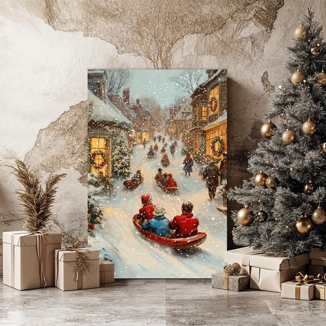 Winter Village Sledding Scene Canvas Wall Art Christmas Town Painting ...