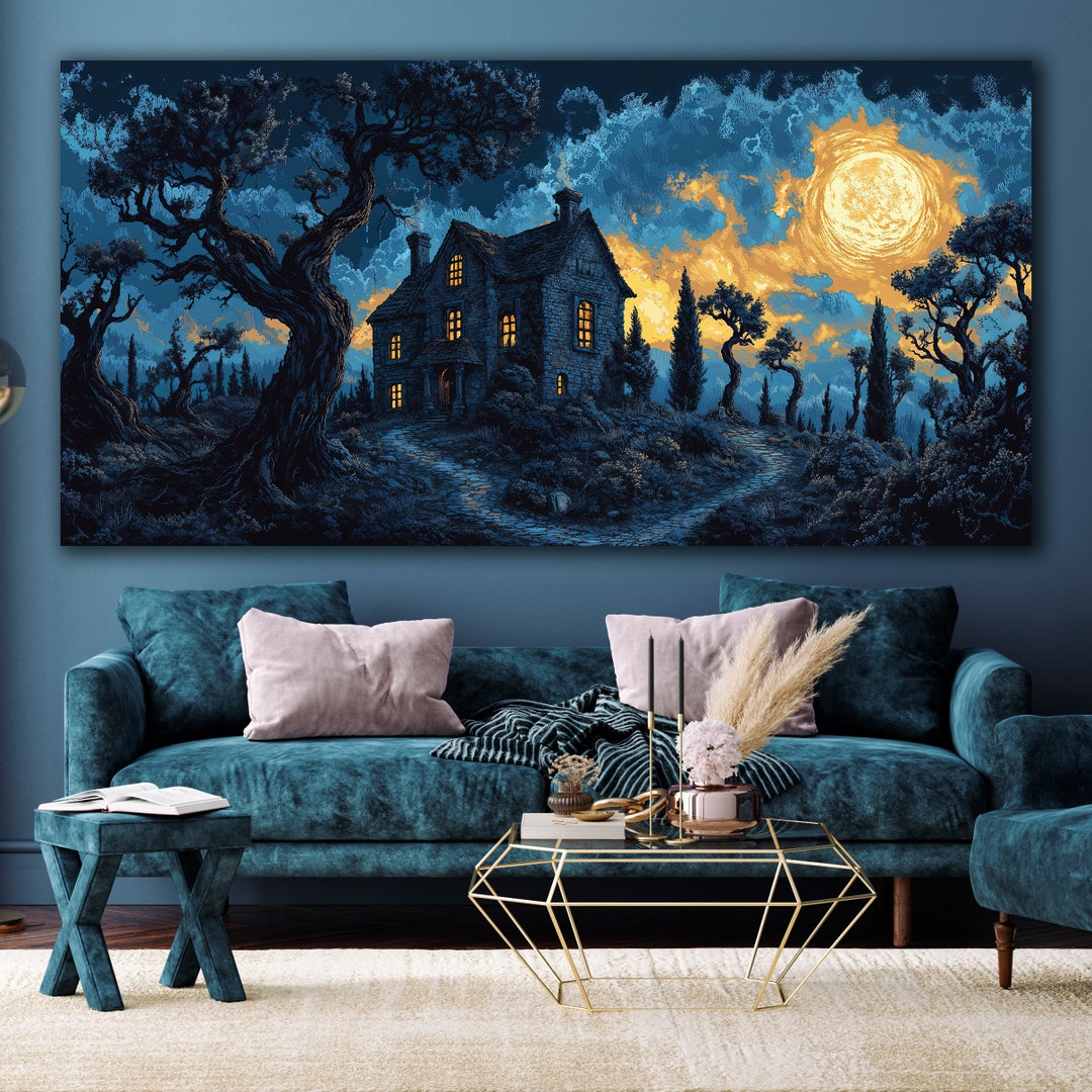 Horror Haunted House Canvas Wall Art Eerie Halloween Night Decor Spooky ...