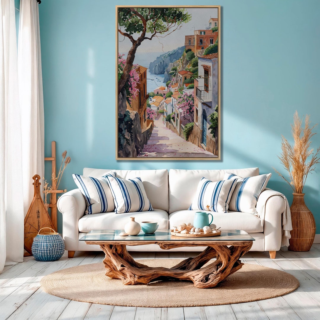 Mediterranean Village Canvas Wall Art Coastal View Watercolor Painting ...