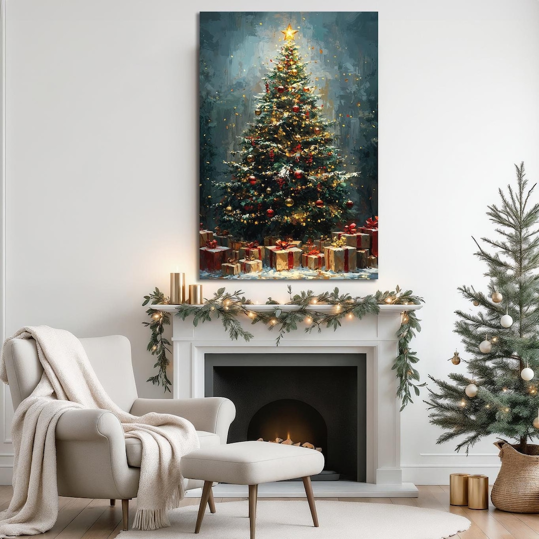 Christmas Tree With Gifts and Golden Star Canvas Wall Art Xmas Tree ...