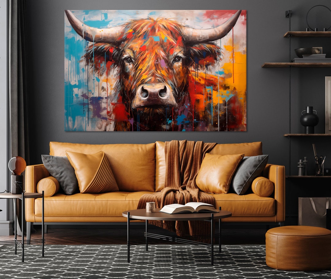 Vibrant Colorful Abstract Cow Oil Painting Portrait Printed on Canvas ...