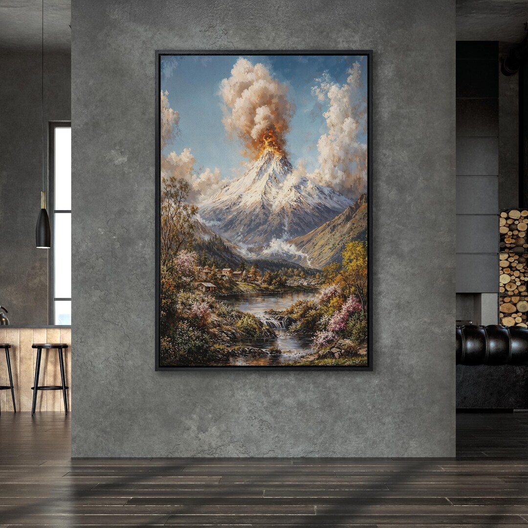 Volcanic Eruption Dramatic Landscape - Mountain Art Framed Canvas Print ...