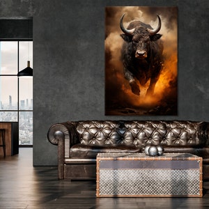 Black Angry Bull Canvas Wall Art Powerful Running Bull Striking Wall ...
