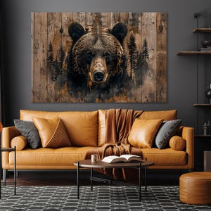 Rustic Brown Bear Canvas Wall Art Abstract Pine Trees Wooden Background ...