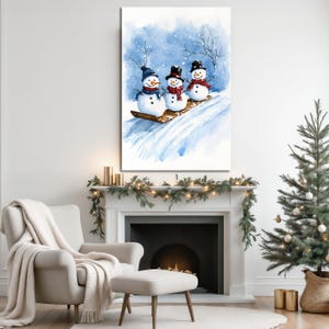 Snowmen Sledding Canvas Wall Art Whimsical Winter Watercolor Painting ...