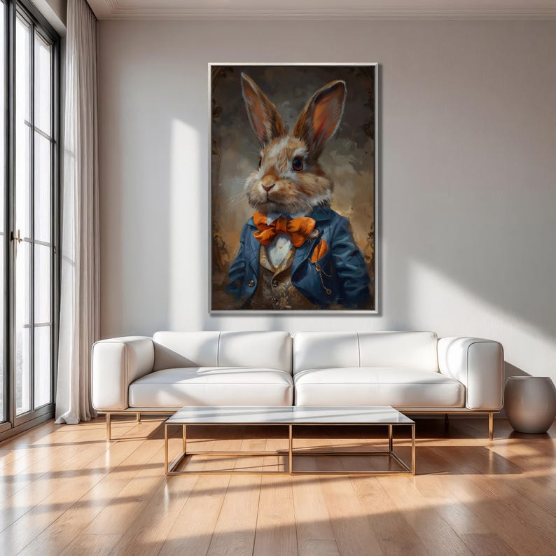Dapper Rabbit in Bowtie Painting Print Elegant Bunny Canvas Wall Art ...