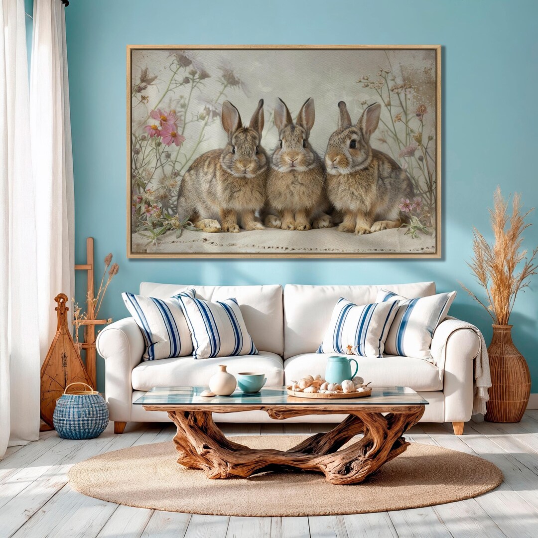 Easter Soft Furry Rabbits Canvas Wall Art Spring Wildflowers Print ...