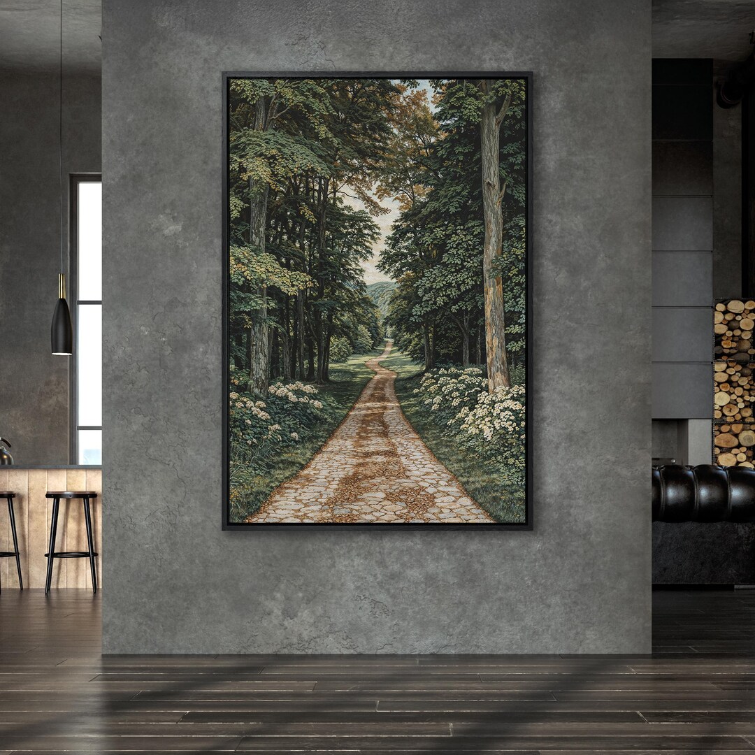 Rustic Country Road and Forest Scene - Framed Canvas Print, Woodland ...