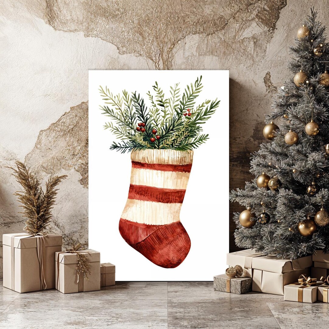Christmas Stocking With Greenery Canvas Wall Art Watercolor Painting ...