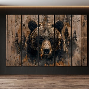 Rustic Brown Bear Canvas Wall Art Abstract Pine Trees Wooden Background ...