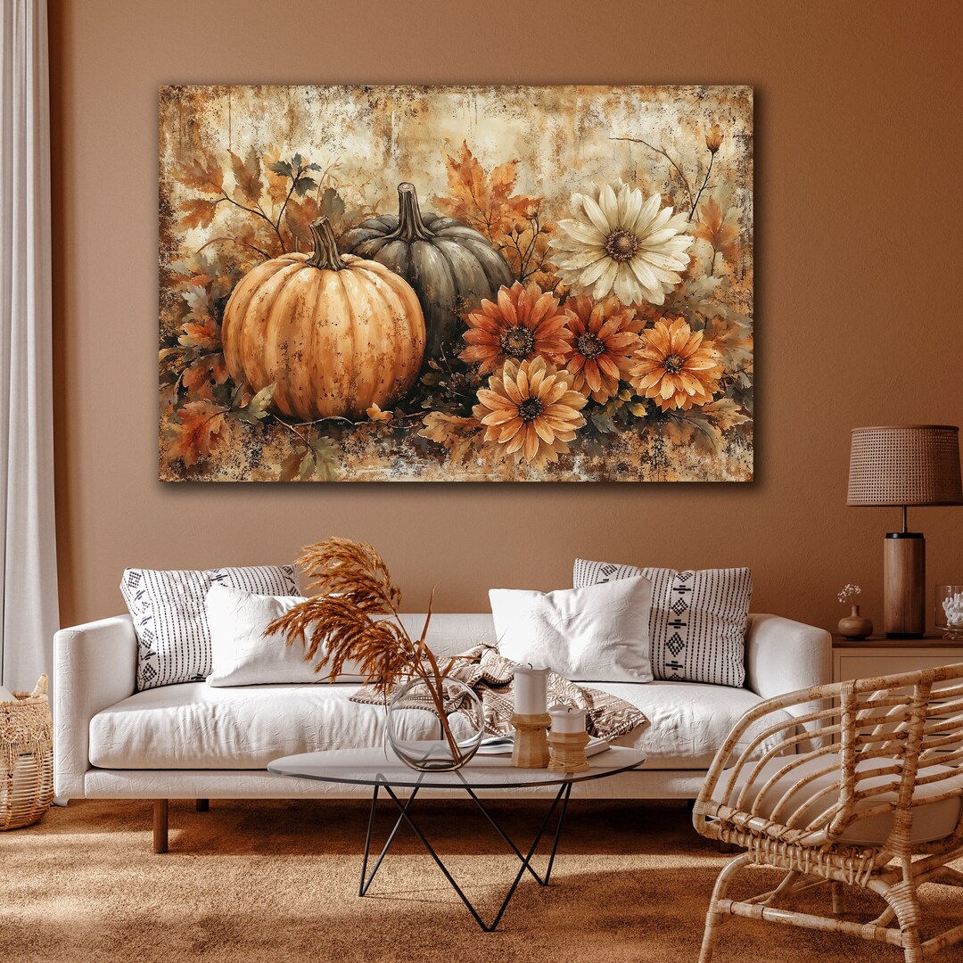 Harvest Pumpkins and Fall Foliage Canvas Wall Art Halloween Decor ...