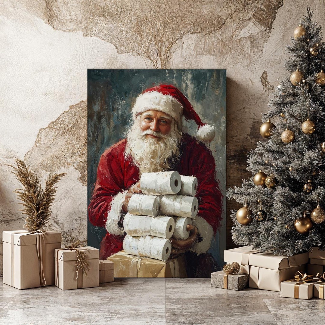 Funny Santa Claus With Toilet Paper Canvas Wall Art Whimsical Painting ...