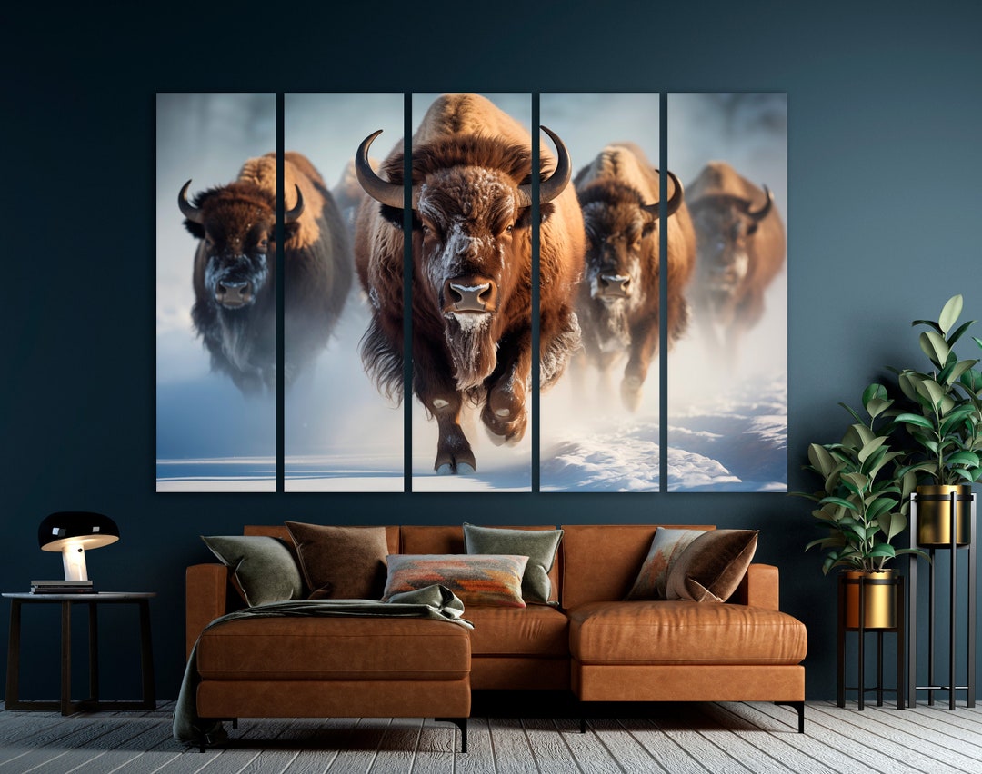 Herd of Buffalo Running Through a Snowy Field Canvas Wall Art Wild ...