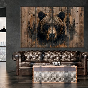 Rustic Brown Bear Canvas Wall Art Abstract Pine Trees Wooden Background ...