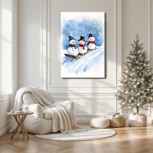 Snowmen Sledding Canvas Wall Art Whimsical Winter Watercolor Painting ...