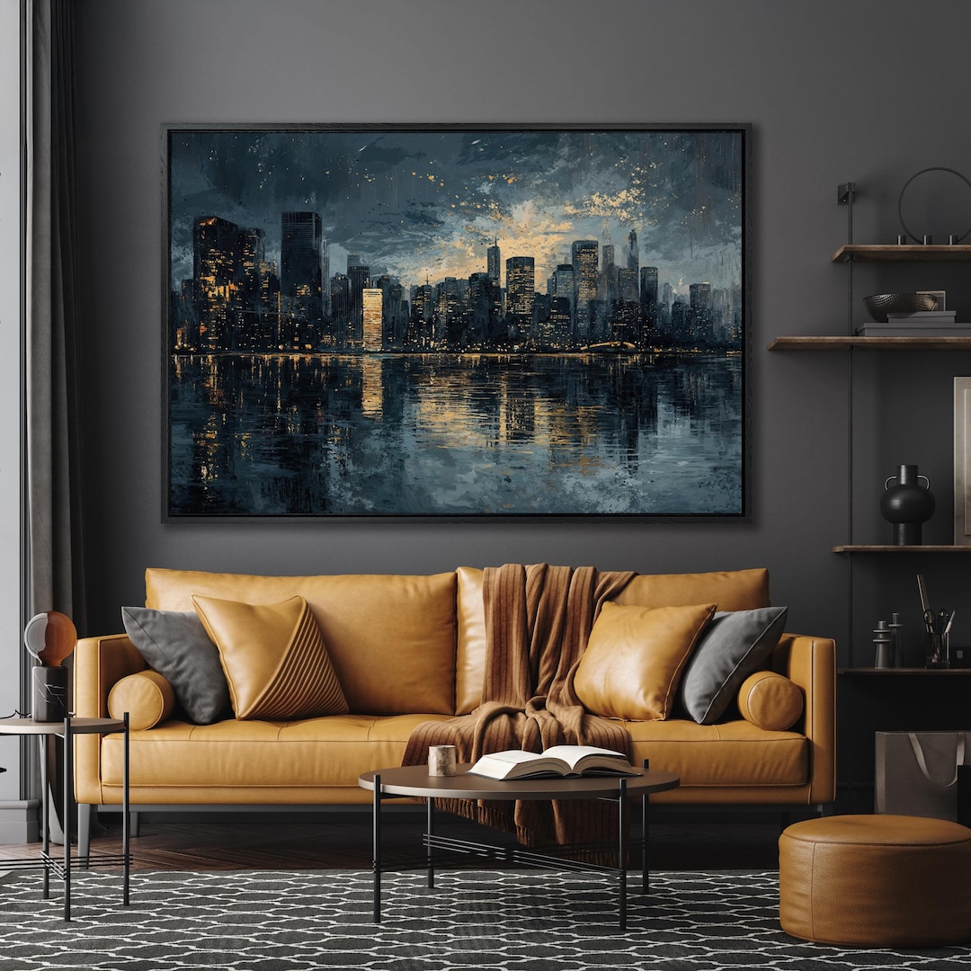 Night Cityscape Canvas Wall Art Large City Reflection Painting Print ...