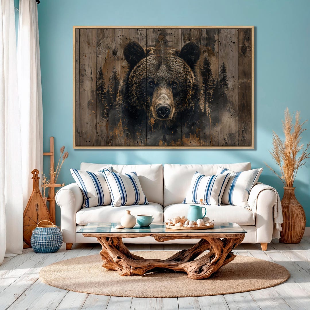 Rustic Brown Bear Canvas Wall Art Abstract Pine Trees Wooden Background ...