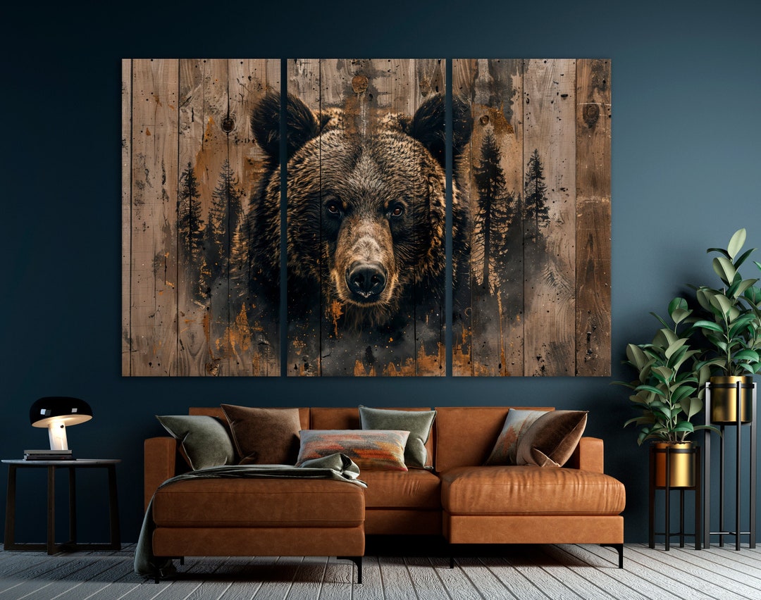 Rustic Brown Bear Canvas Wall Art Abstract Pine Trees Wooden Background ...