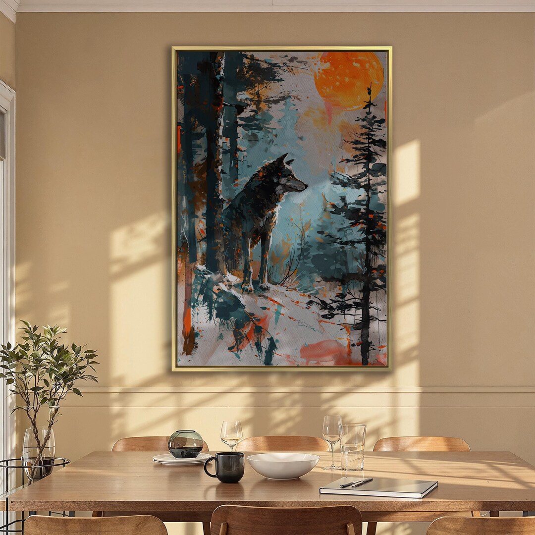 Abstract Wolf Painting Print Sunset Forest Canvas Wall Art Silhouette ...