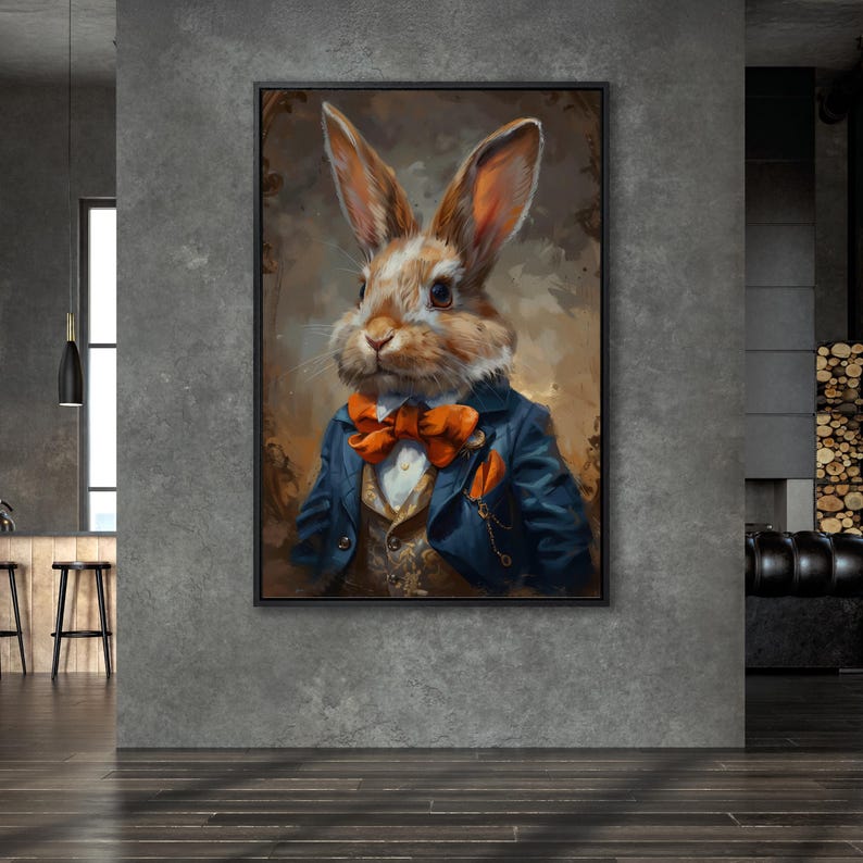 Dapper Rabbit in Bowtie Painting Print Elegant Bunny Canvas Wall Art ...