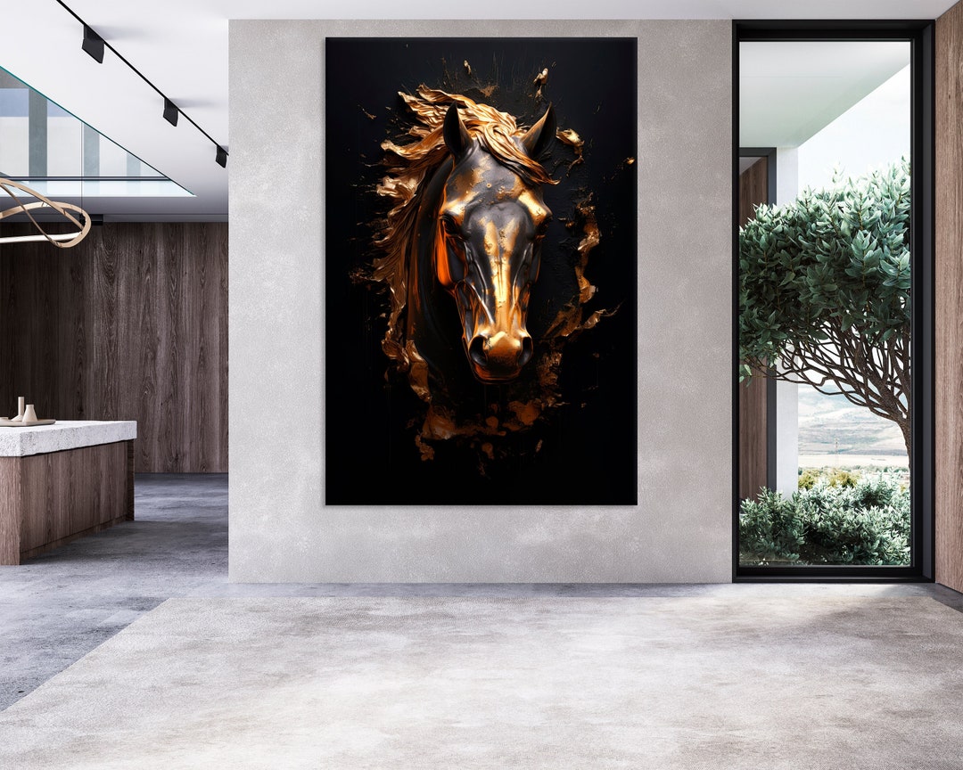Deep Black Horse Color With Gold Inlays Painting Print Solid - Etsy