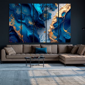 Blue Gold Canvas Wall Art Print Navy Blue Canvas Golden Textured Art ...