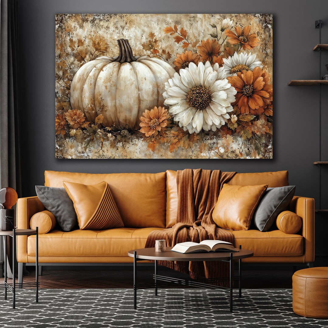 Pumpkin and Flowers Canvas Wall Art Autumn Halloween Decor Rustic ...