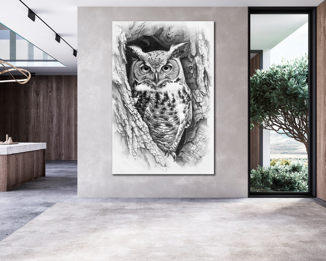 Black White Owl Canvas Wall Art Abstract Bird of Prey Painting Print ...