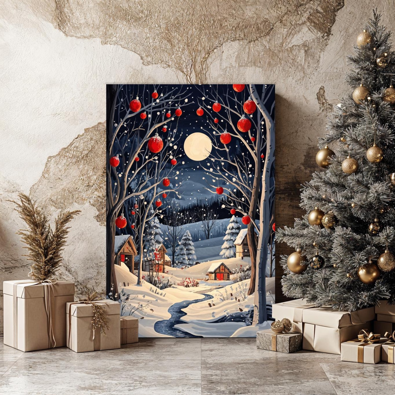Winter Village Under Moonlit Sky Canvas Wall Art Snowy Landscape ...