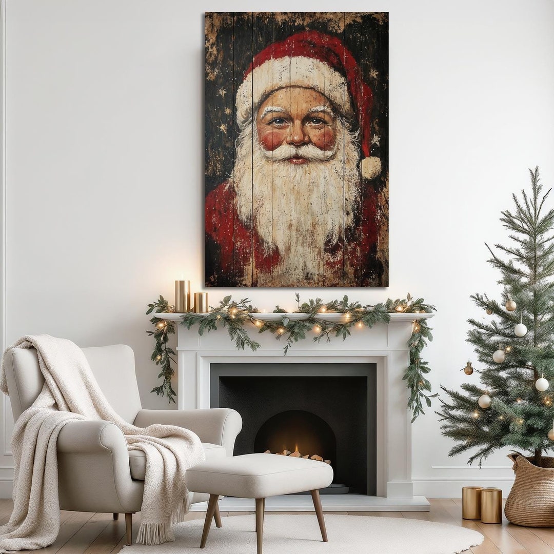 Rustic Santa Claus Portrait Canvas Wall Art Vintage Santa Painting ...
