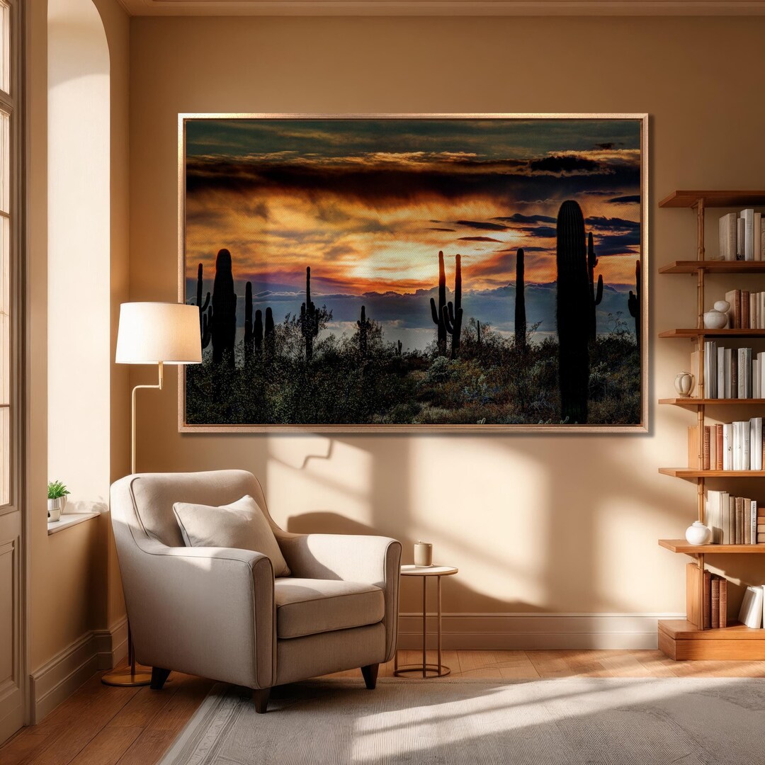 Sunset in Sonoran Desert With Cactus Canvas Wall Art Arizona Canvas ...