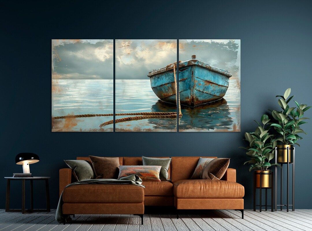 Serene Seascape Aged Boat Journey Canvas Wall Art Ocean Tranquility ...