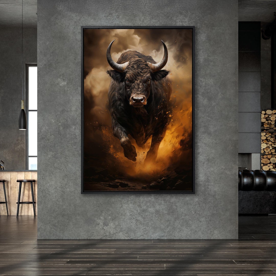 Black Angry Bull Canvas Wall Art Powerful Running Bull Striking Wall ...