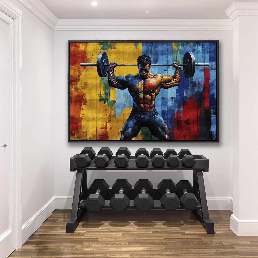 Abstract Fitness Framed Canvas Wall Art, Colorful Bodybuilder Painting ...