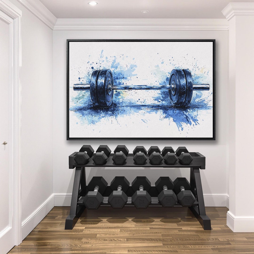 Motivational Workout Framed Canvas Wall Art, Blue Barbell Watercolor ...