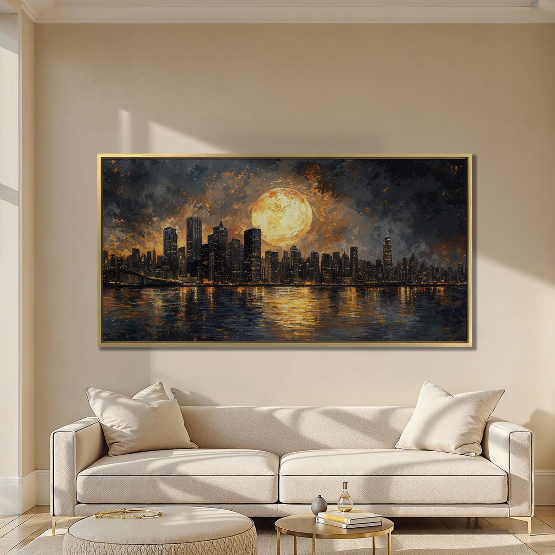 City Skyline With Full Moon Canvas Wall Art Urban Nightscape Painting ...