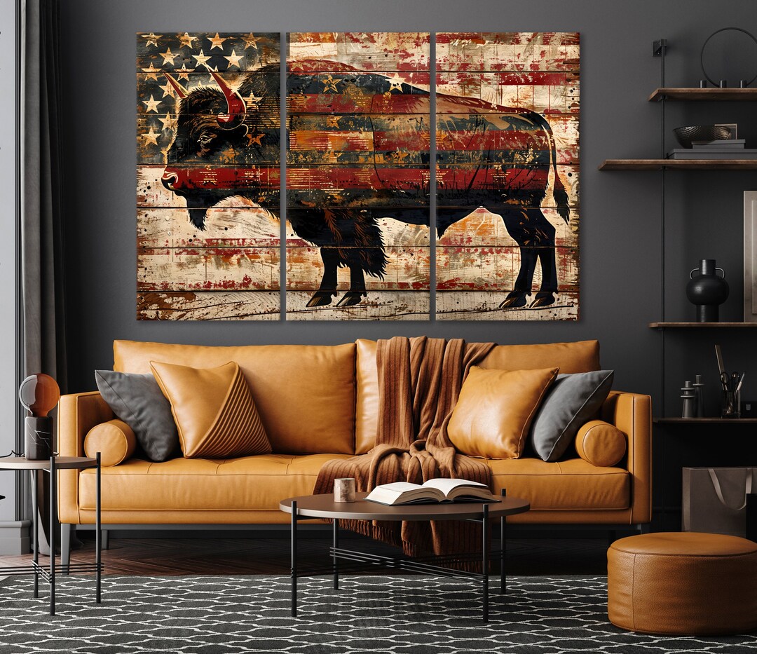 Bison Print American Flag Bison Canvas Wall Art Patriotic Theme ...