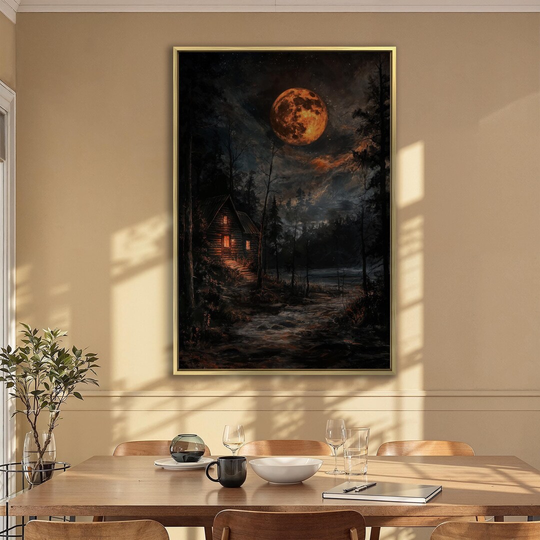 Serene Moonlit Cabin Painting Print Farmhouse Starry Skies Canvas Wall ...