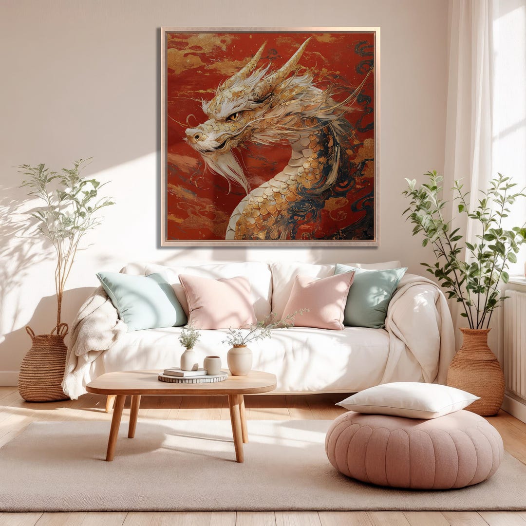 Majestic Golden Dragon Canvas Wall Art Mythical Creature Painting Print ...