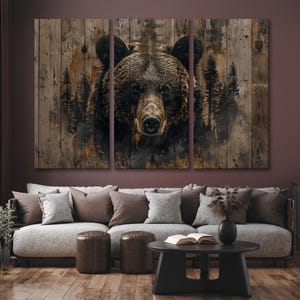Rustic Brown Bear Canvas Wall Art Abstract Pine Trees Wooden Background ...