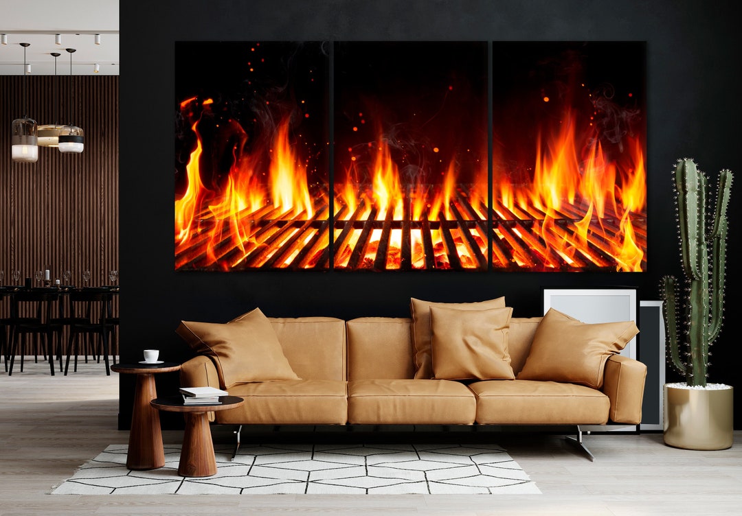 Barbecue Grill With Orange Fire Flames Canvas Wall Art Bonfire Grid on ...