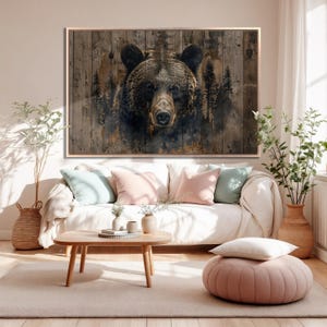 Rustic Brown Bear Canvas Wall Art Abstract Pine Trees Wooden Background ...