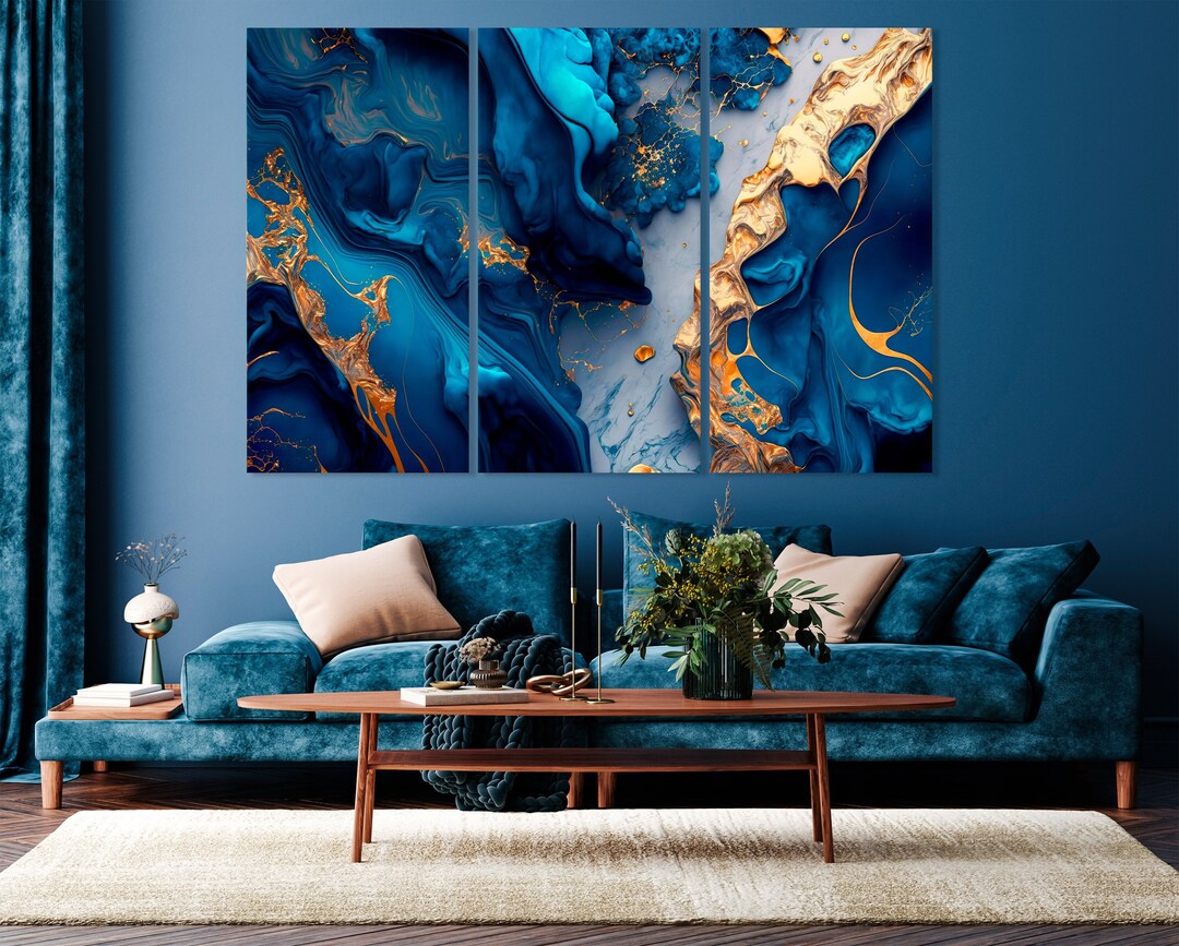 Blue Gold Canvas Wall Art Print Navy Blue Canvas Golden Textured Art ...