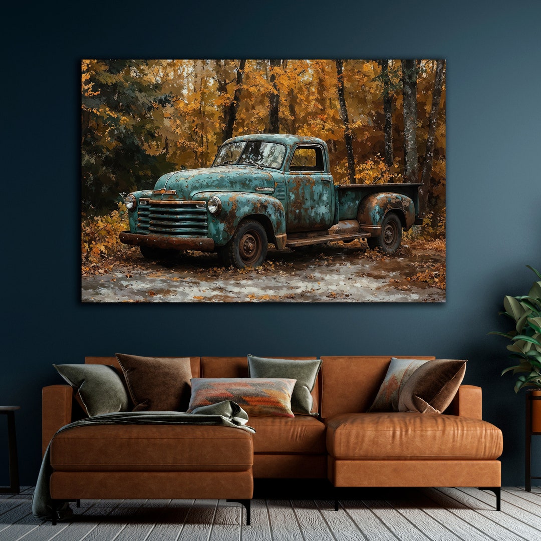Rust Blue Truck Canvas Wall Art Halloween Classic Car Decor Autumn ...
