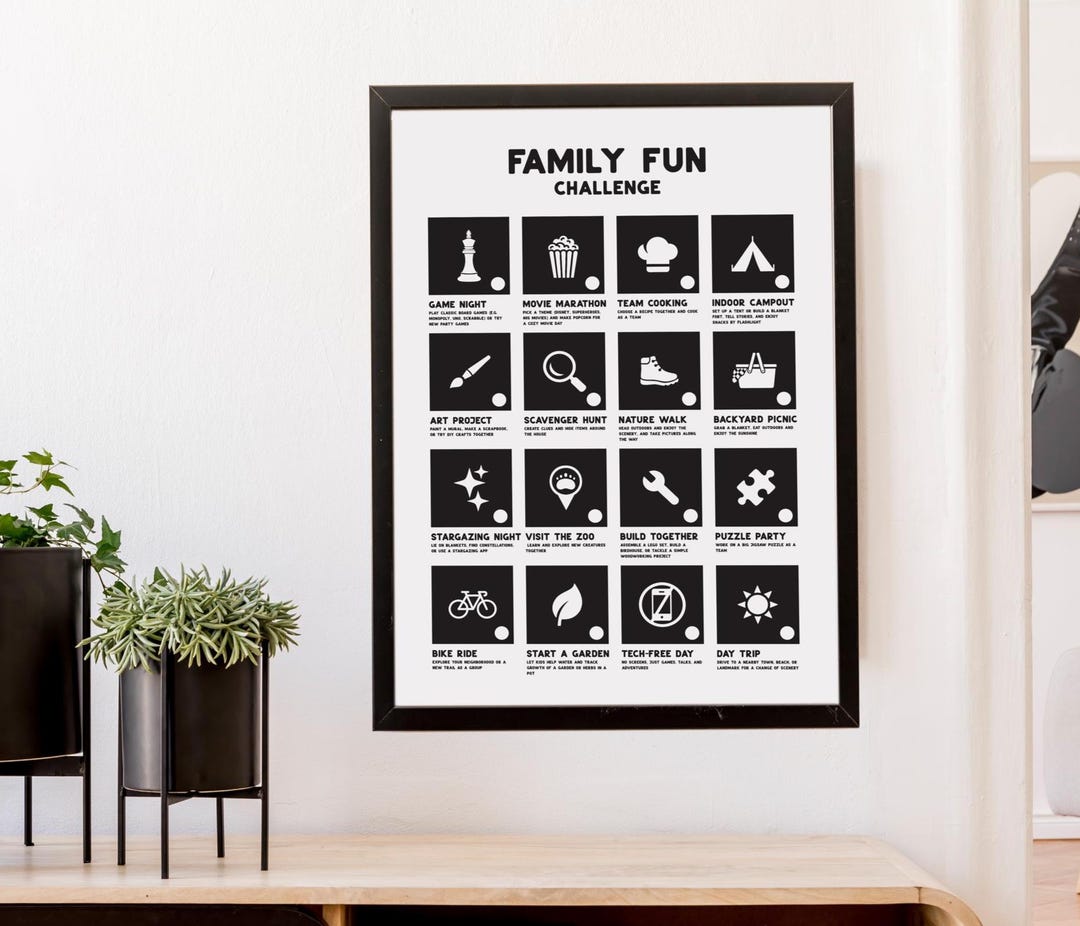 Minimialist Family Fun Bucket List Black White 16 Ideas Checklist A3 A4 ...