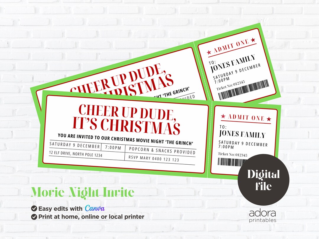 INSTANT DOWNLOAD | Movie Ticket | Christmas Movie Night Template to ...